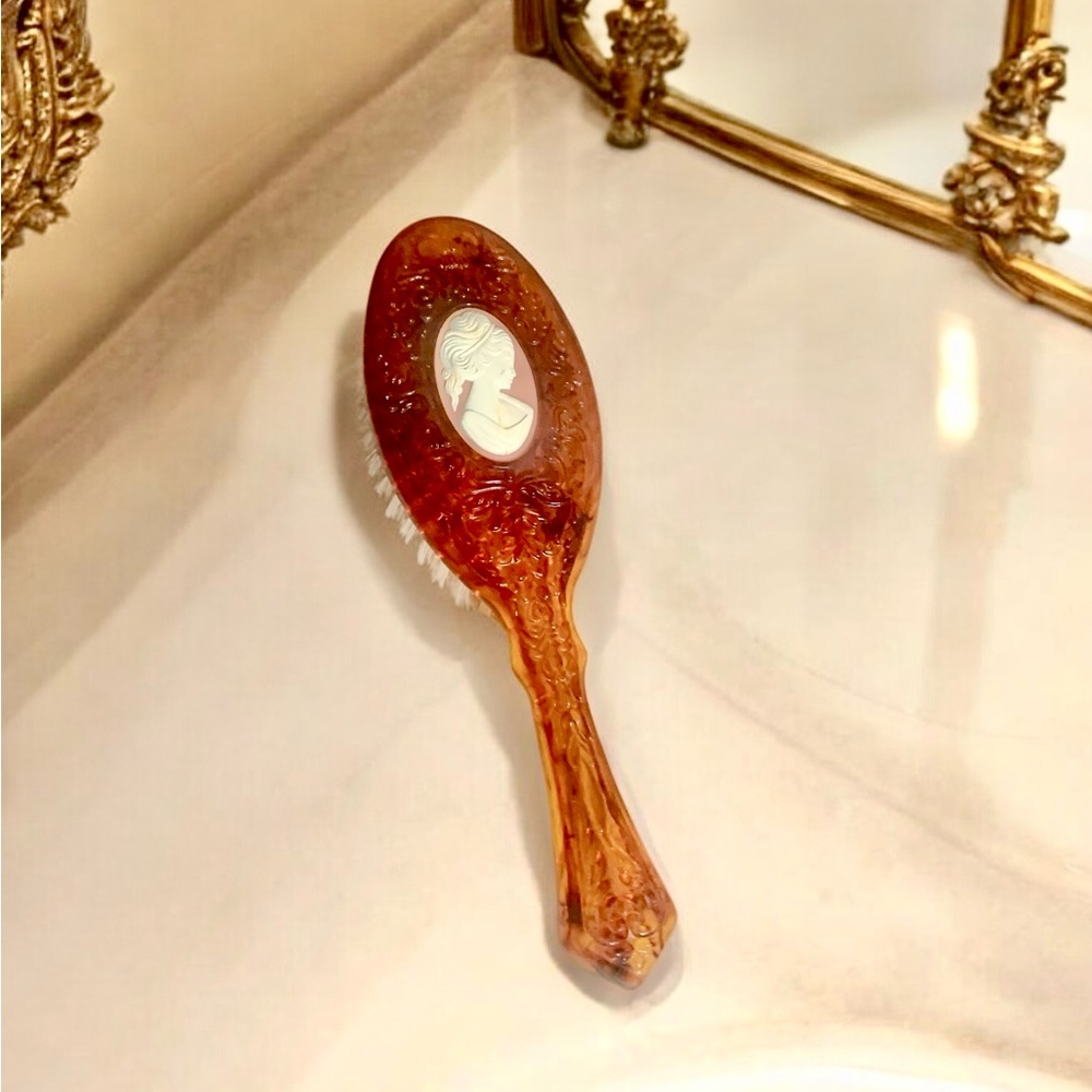 1970’s Vintage Bakelite Brown With Pink Cameo Brush 8” - Gem